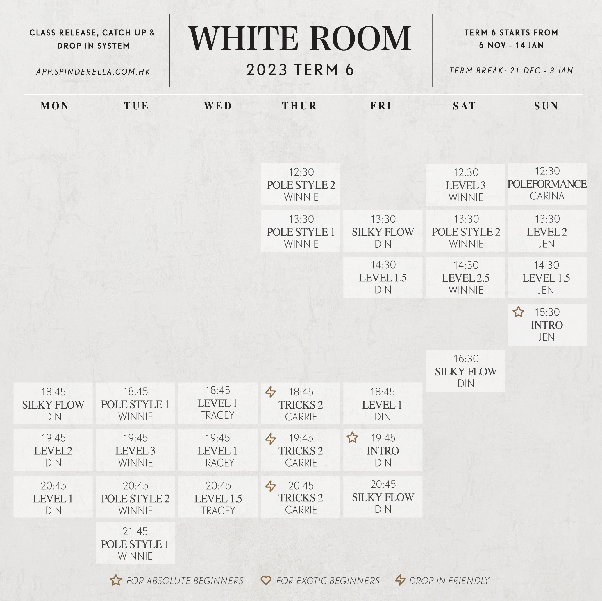 Spinderella Pole Studio - Time Table